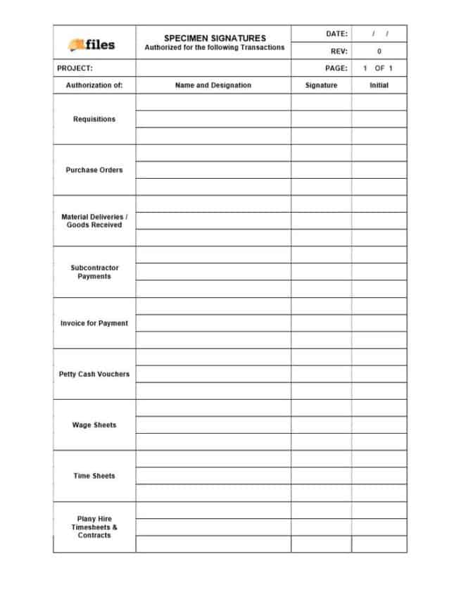 Authorized Signature Sheet - Construction Files