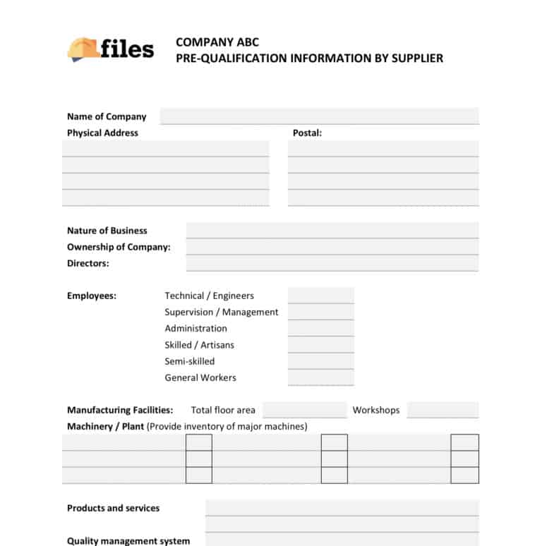 Construction Supplier Prequalification Form - Construction Files