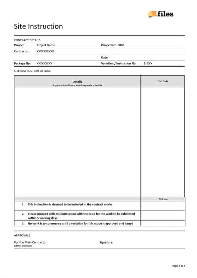 Site Instruction Cover Template - Construction Files