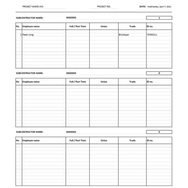 Subcontractors Manpower Tracking Log - Construction Files