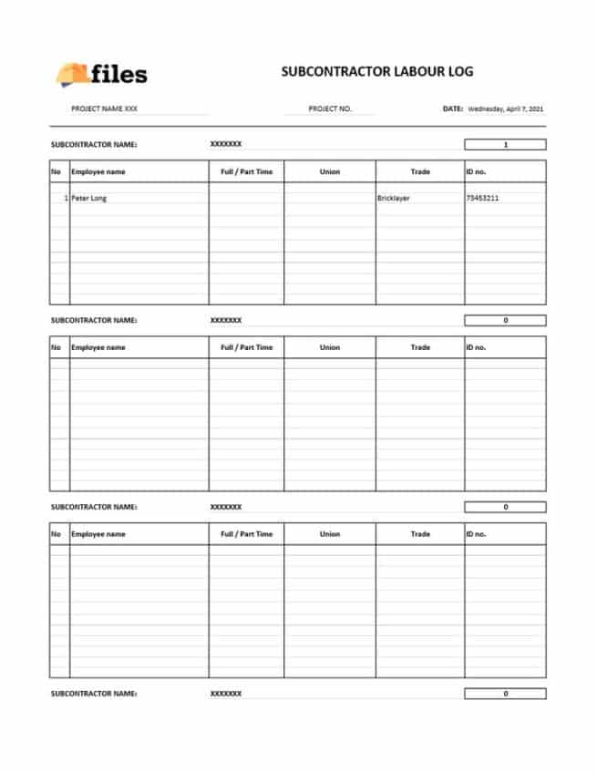 Subcontractors Manpower Tracking Log - Construction Files