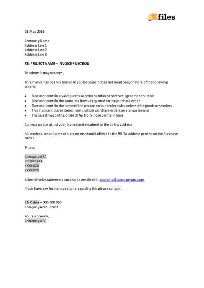 Supplier Invoice Rejection Letter - Construction Files