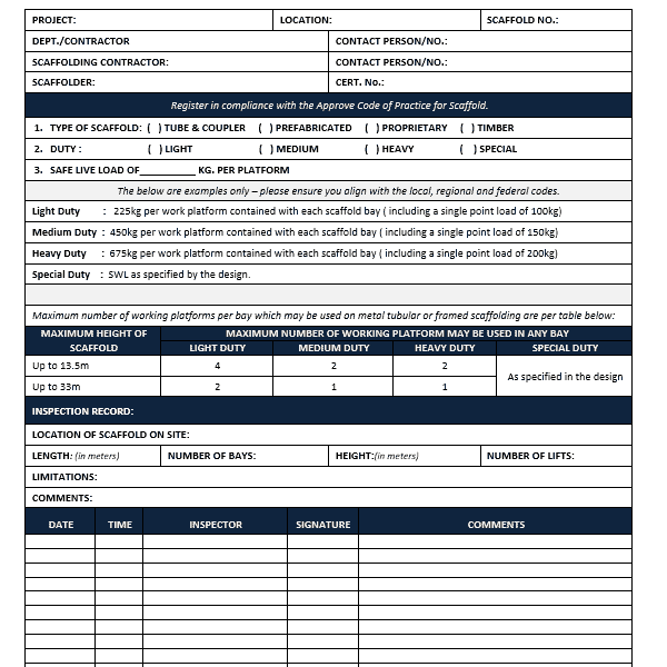 Scaffold Inspection Register - Construction Files