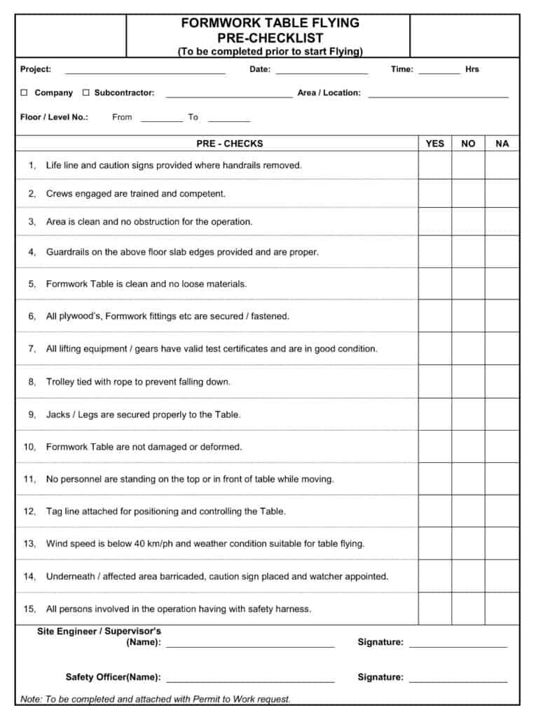 Formwork Table Pre-Flying Construction Checklist - Construction Files