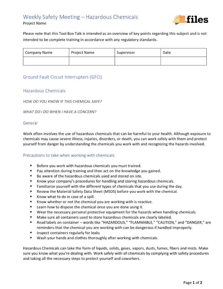 Weekly Safety Meeting - Hazardous Chemicals - Construction Files