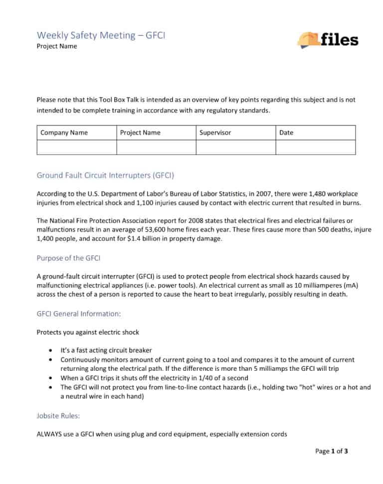Weekly Safety Meeting - GFCI - Construction Files