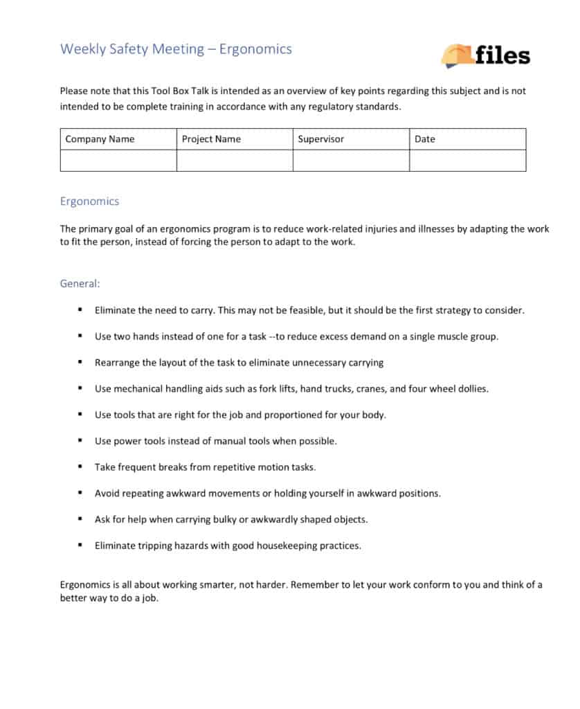 Construction Safety Meeting - Ergonomics - Construction Files