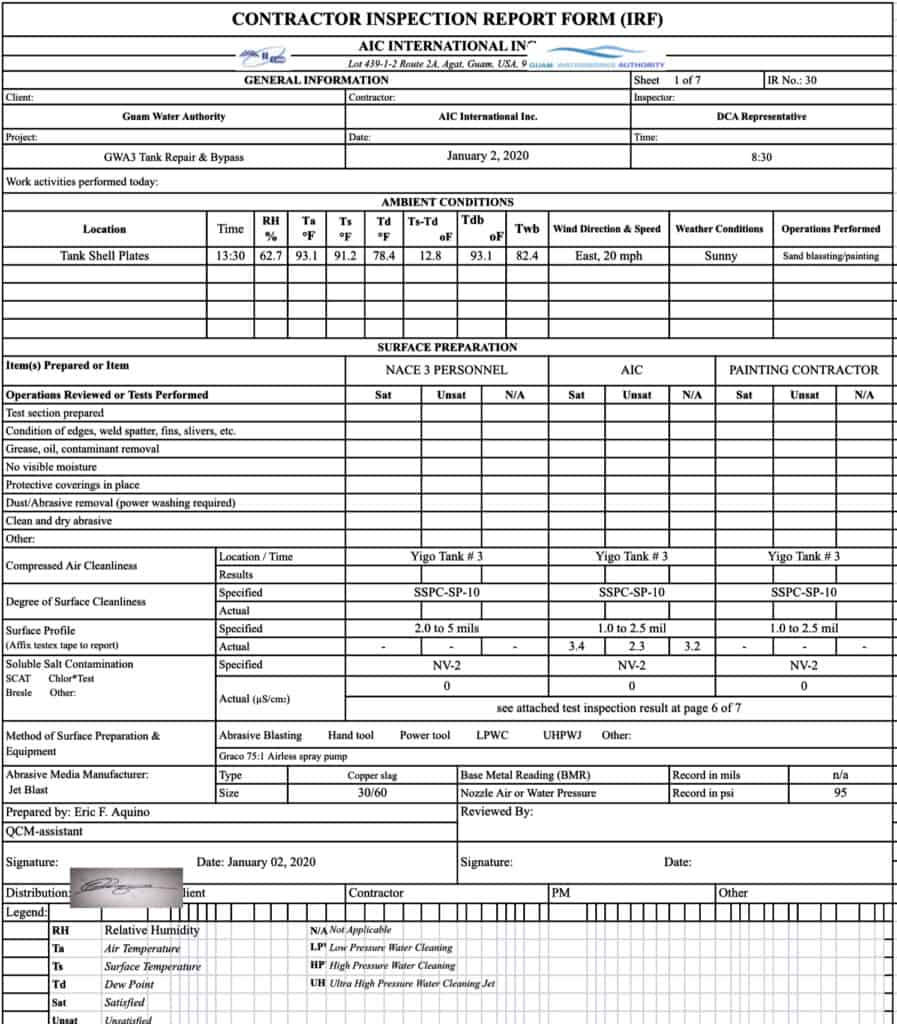 Inspection Report Form For Water Tanks - Construction Files