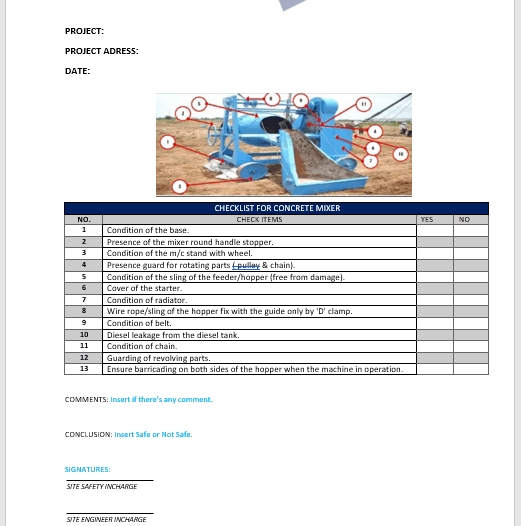 Equipment Safety Checklist - Concrete Mixer - Construction Files