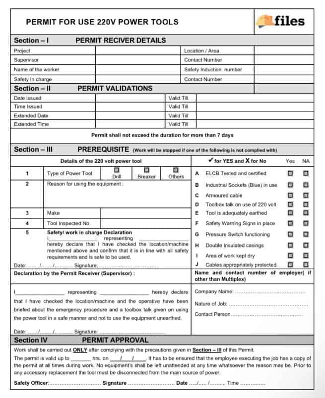 Work Permit - 220V Tools - Construction Files