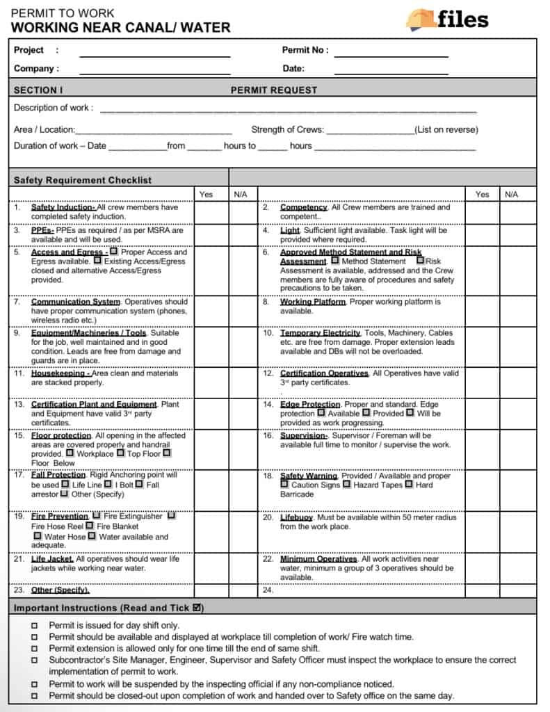 Work Permit - Working Near Open Water - Construction Files
