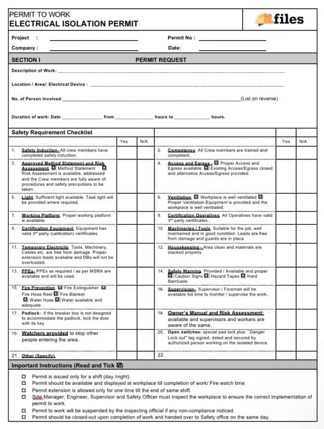 Work Permit - Electrical Isolation - Construction Files