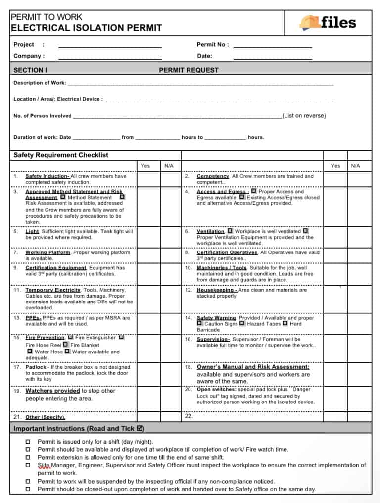Work Permit - Electrical Isolation - Construction Files