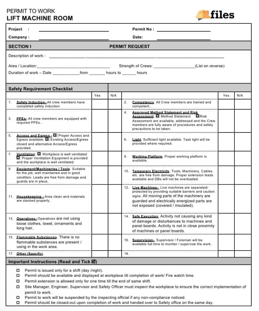 Work Permit - Lift Machine Room - Construction Files
