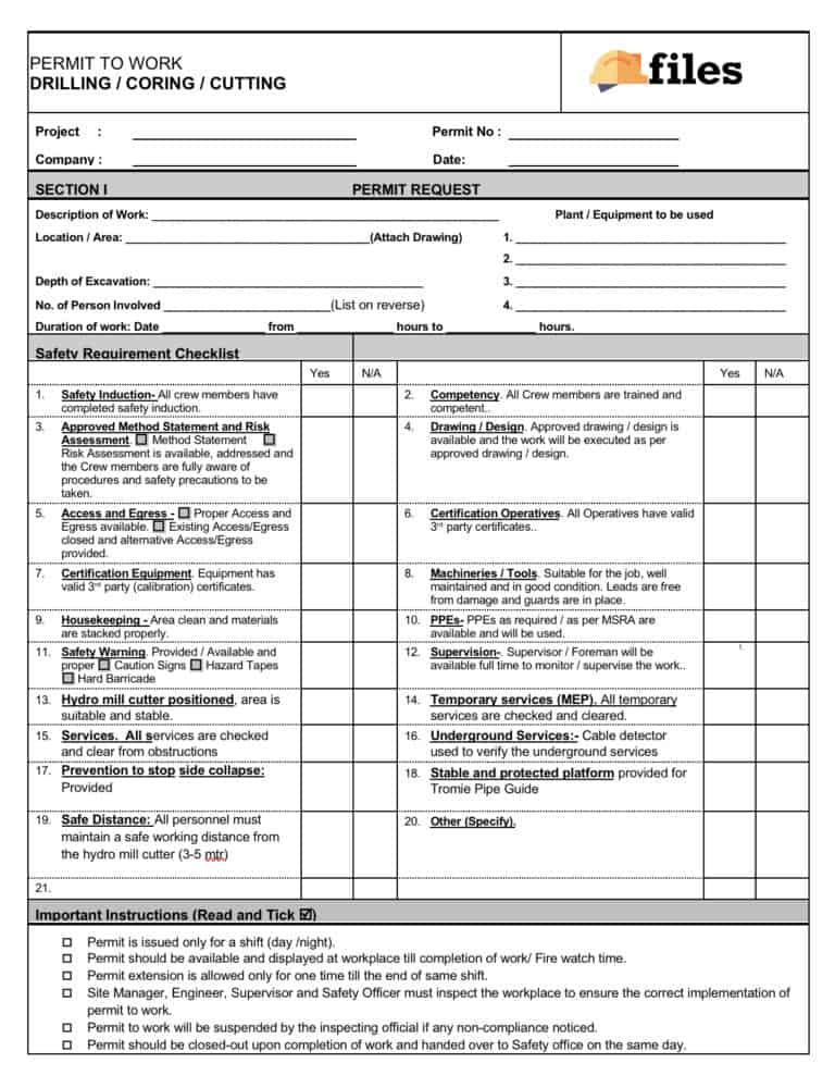 Work Permit - Drilling Coring And Cutting - Construction Files