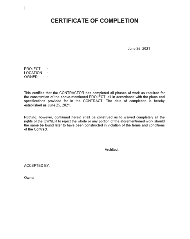 Simple Certificate Of Completion Template - Construction Files
