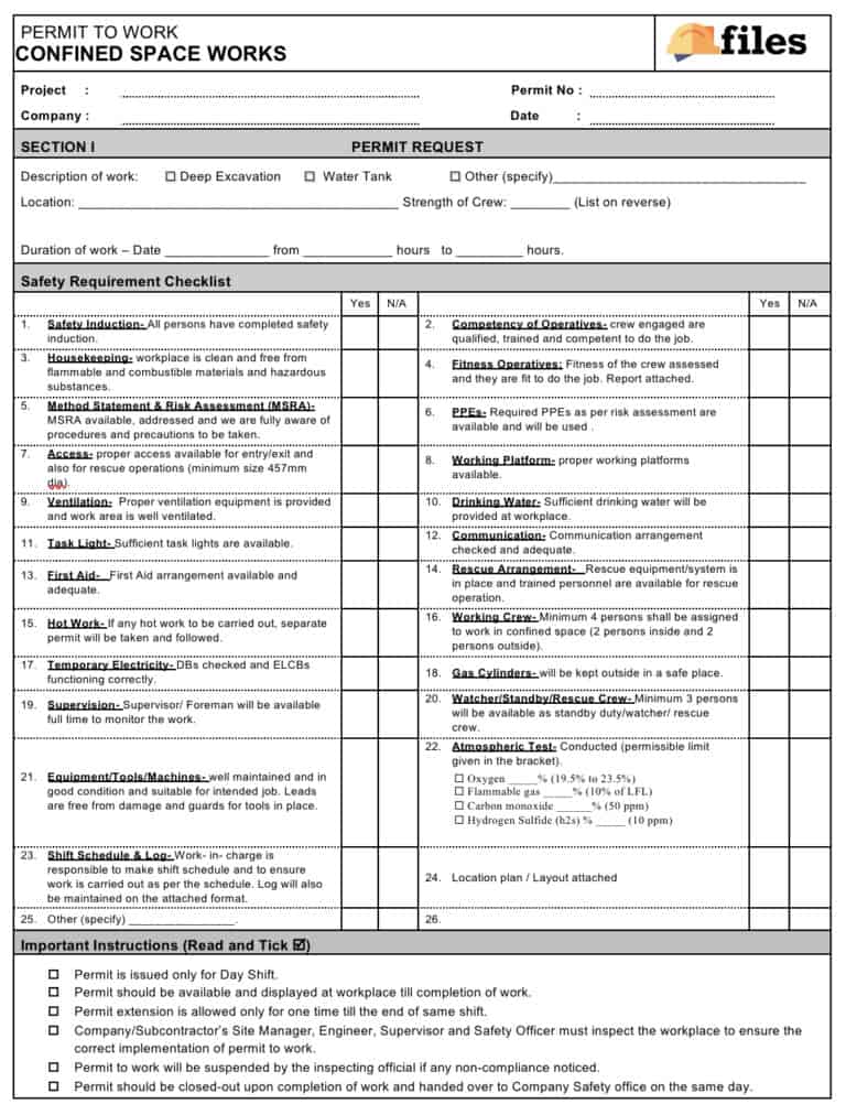 Work Permit - Confined Space - Construction Files