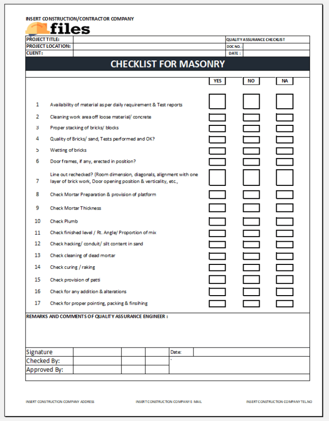 Quality Assurance Checklist – Masonry Works - Construction Files