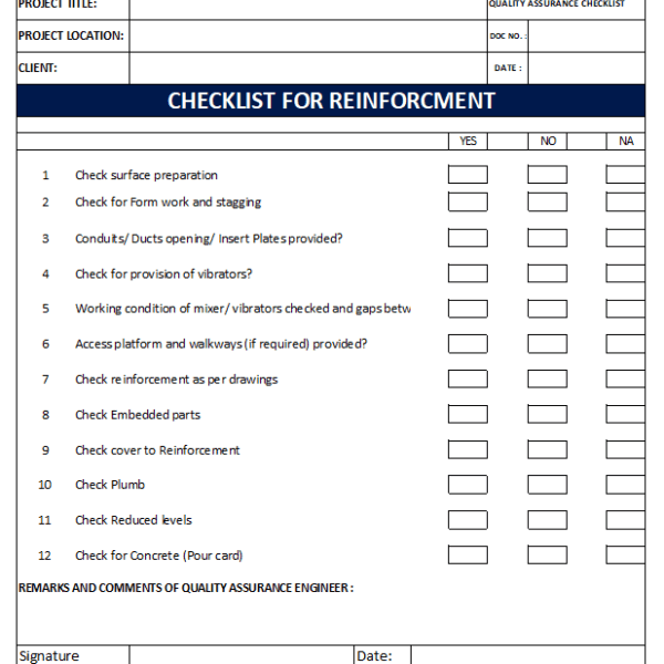 Quality Reinforcement Checklist - Reinforcement - Construction Files