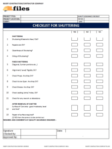 Quality Assurance Checklist - Formwork / Shuttering - Construction Files
