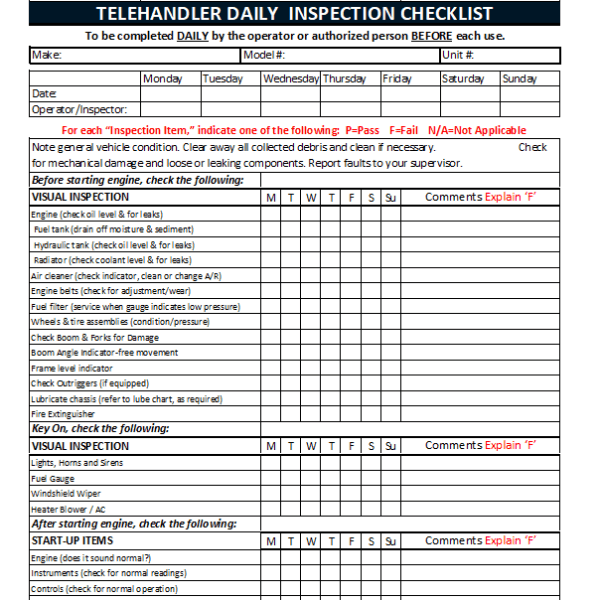 Telehandler Daily Inspection Checklist - Construction Files
