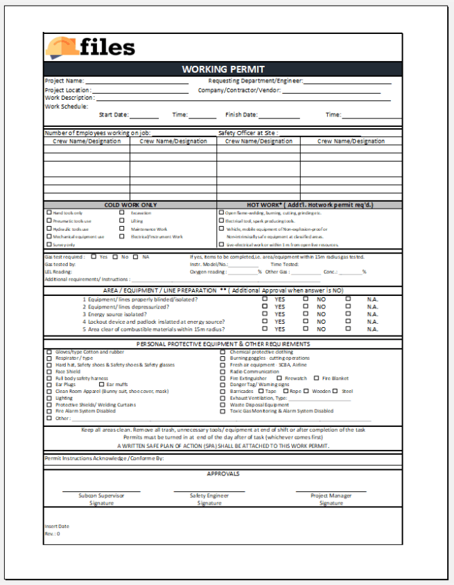 Permit To Work Form - Construction Files