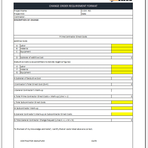 Change Order Requirement Form - Construction Files