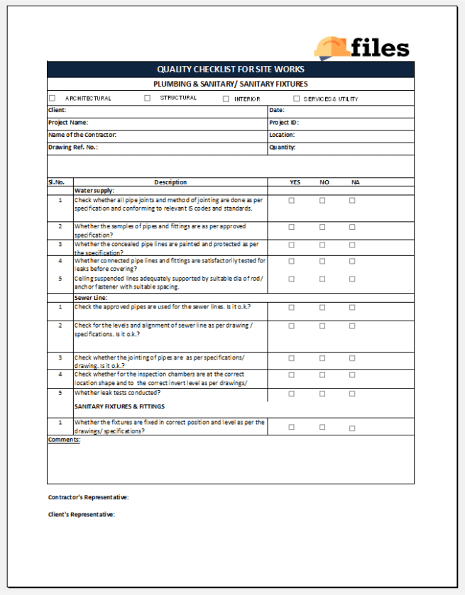 Quality Checklist - Plumbing And Sanitary Works - Construction Files