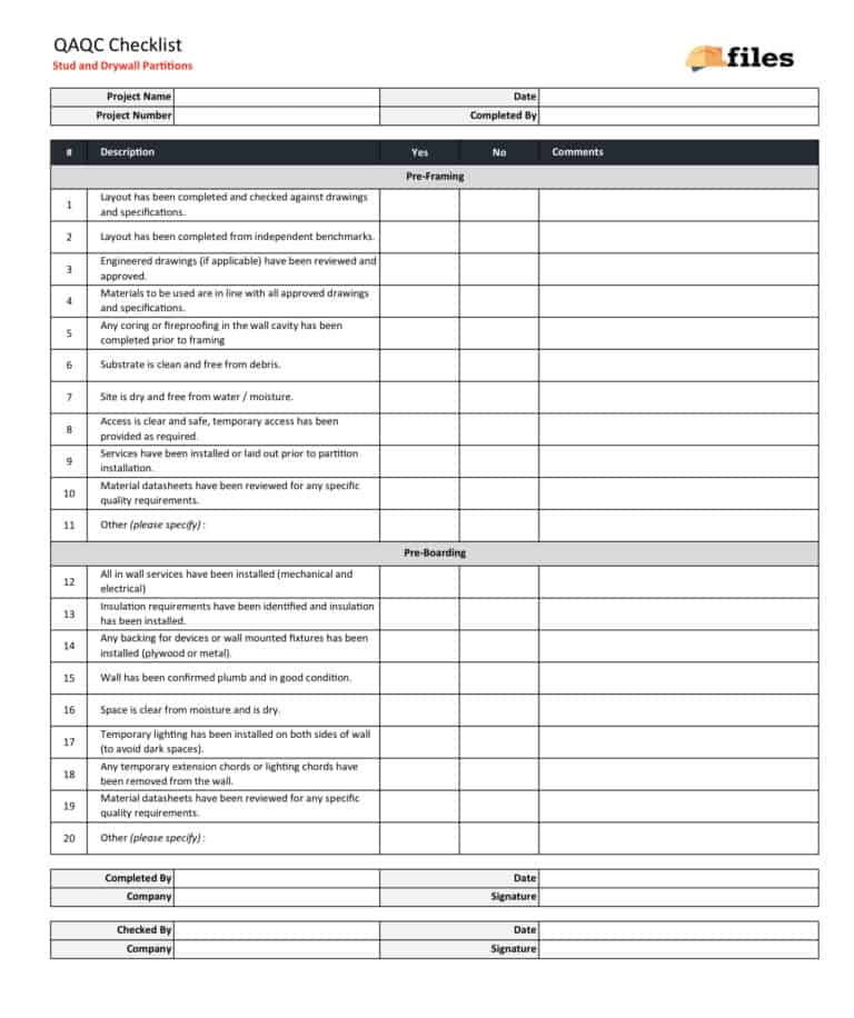 QAQC Checklist - Drywall Partitions - Construction Files