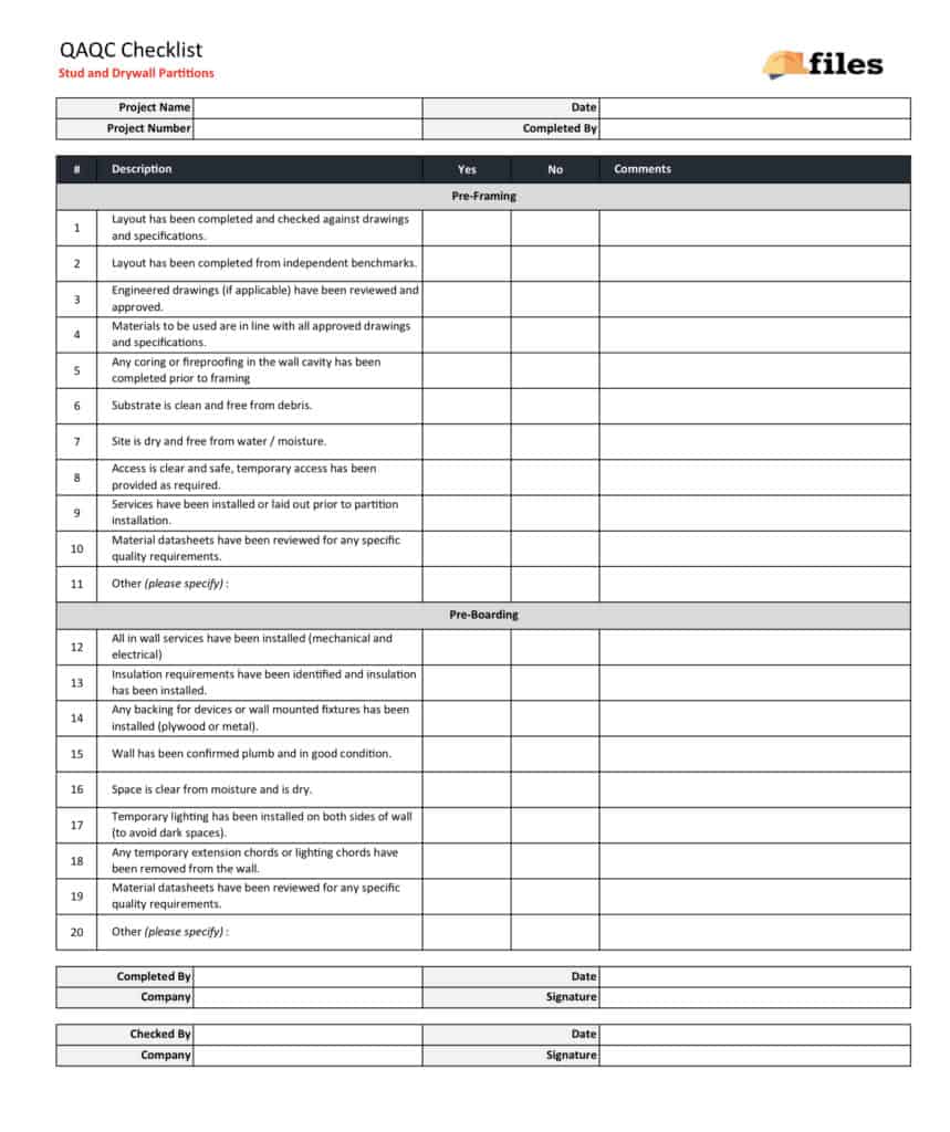 QAQC Checklist - Drywall Partitions - Construction Files