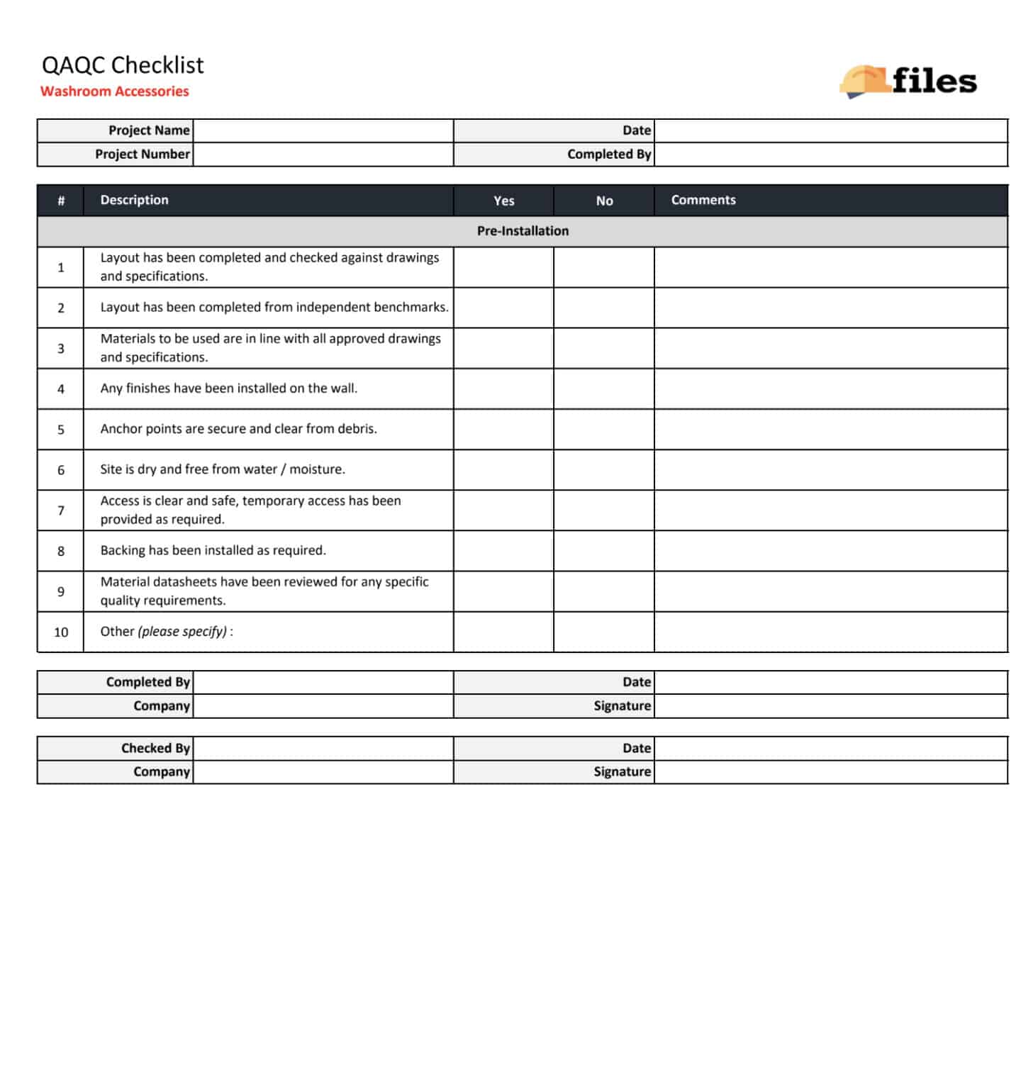 QAQC Checklist - Washroom Accessories - Construction Files