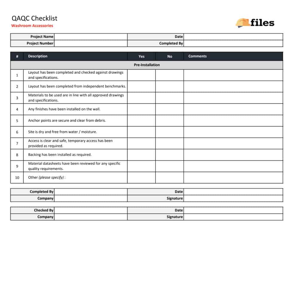 QAQC Checklist - Washroom Accessories - Construction Files