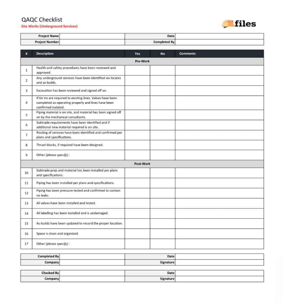 QAQC Checklist - Site Works (Underground Plumbing) - Construction Files