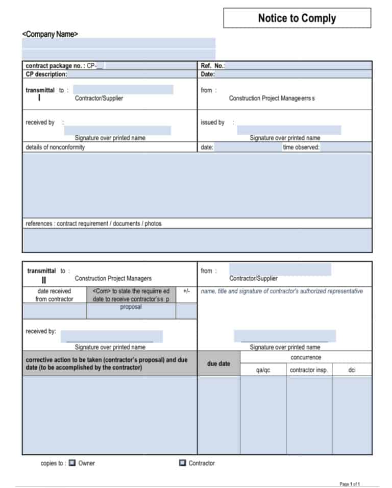 Notice To Comply Form - Construction Files