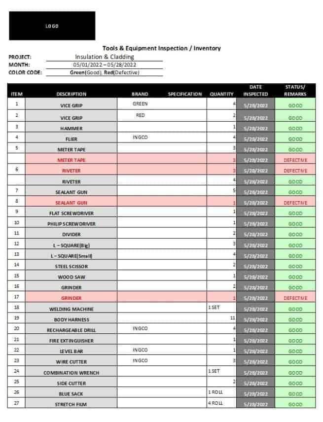 Tools And Equipment Inspection Log - Construction Files