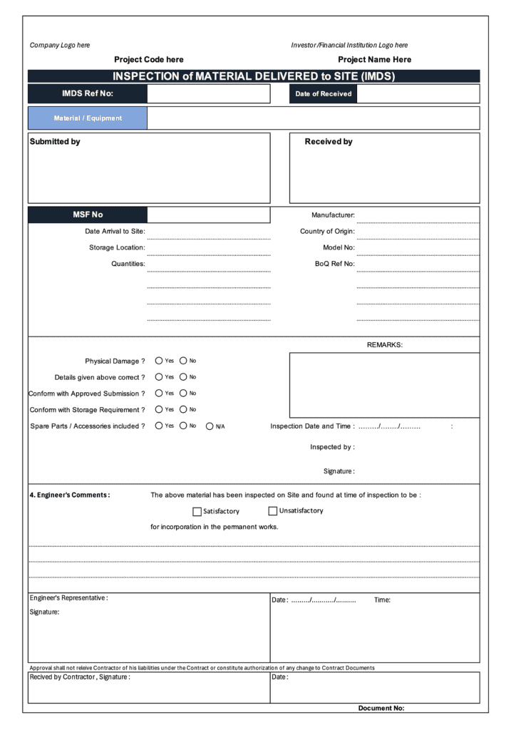 IMDS - Inspection Of Material Delivered To Site - Construction Files