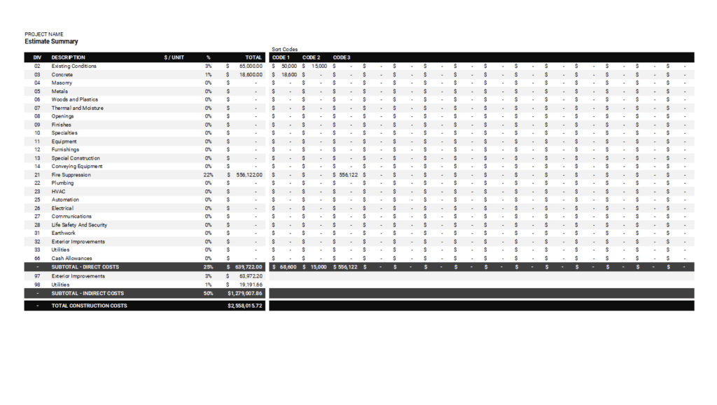 Estimate With Cost And Sort Codes - Construction Files