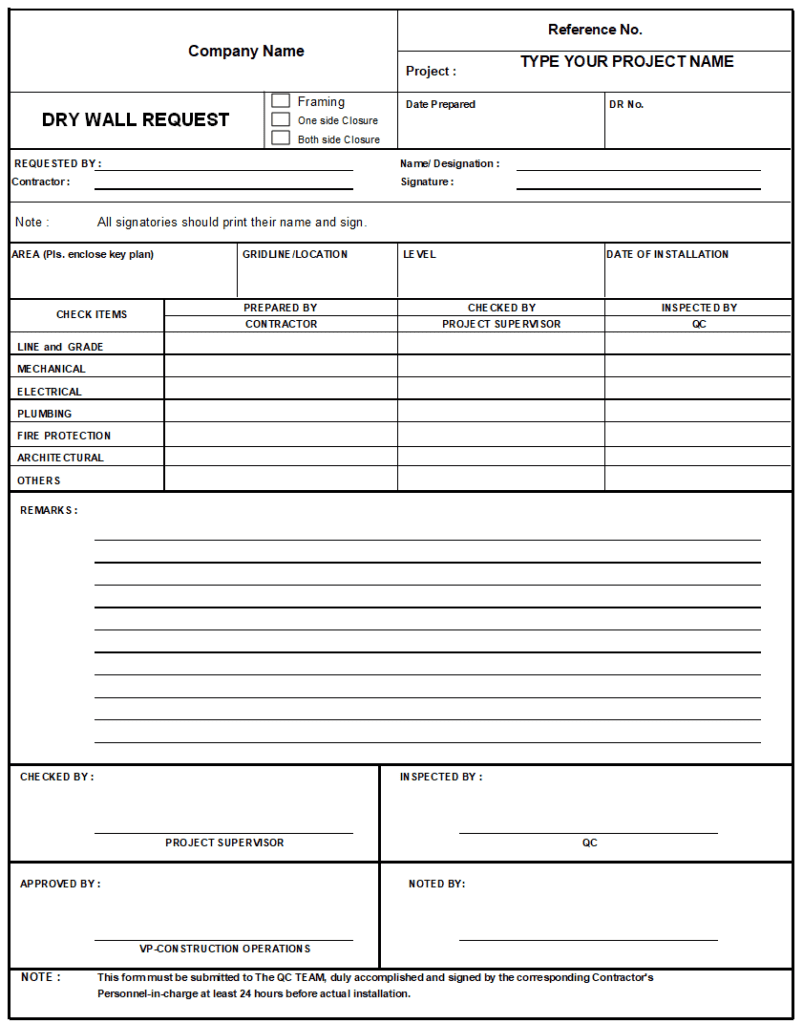 Request For Drywall Installation - Construction Files